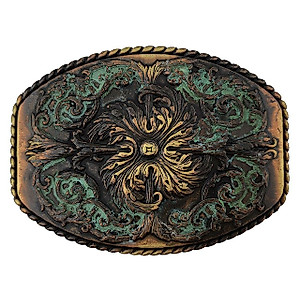 HA0016 Western Floral Engraved Ornate Design Belt Buckle Fits 1-1/2"(38mm) Belt (Antique Patina)
