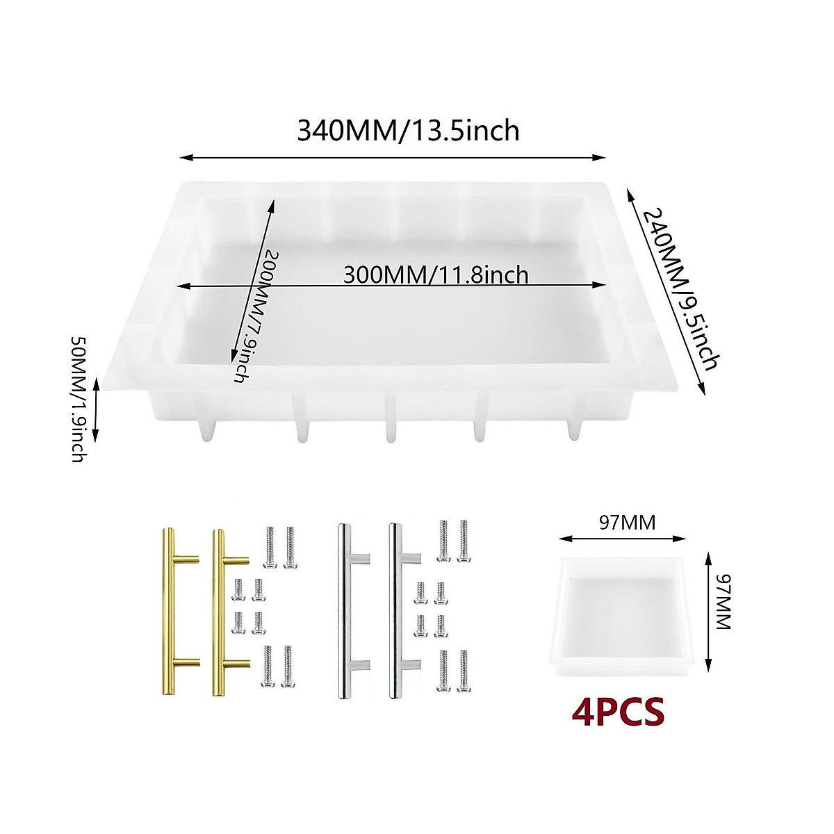 Resin Tray Molds Silicone, 13.5" Large Rectangle Deep Tray Resin Mold and 4 Piece Square Deep Coaster Molds, Silicone Tray Board Table Resin Mold & Handles, Floral Preservation Bouquet Resin Mold