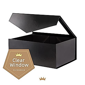 PACKQUEEN Gift Box with Window, 9x6.5x3.8 Inches, Black Gift Box for Present Contains Ribbon, Card, Groomsman Proposal Box, Gift Box with Magnetic Lid (Glossy Black)