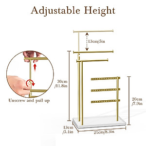 susswiff Jewelry Holder Organizer Stand - Adjustable Tall 17.5" (Max), Sturdy Jewelry Hanger for Necklaces, Earrings, Bracelets, Rings, Jewlery Display and Storage, Gold and White, Metal