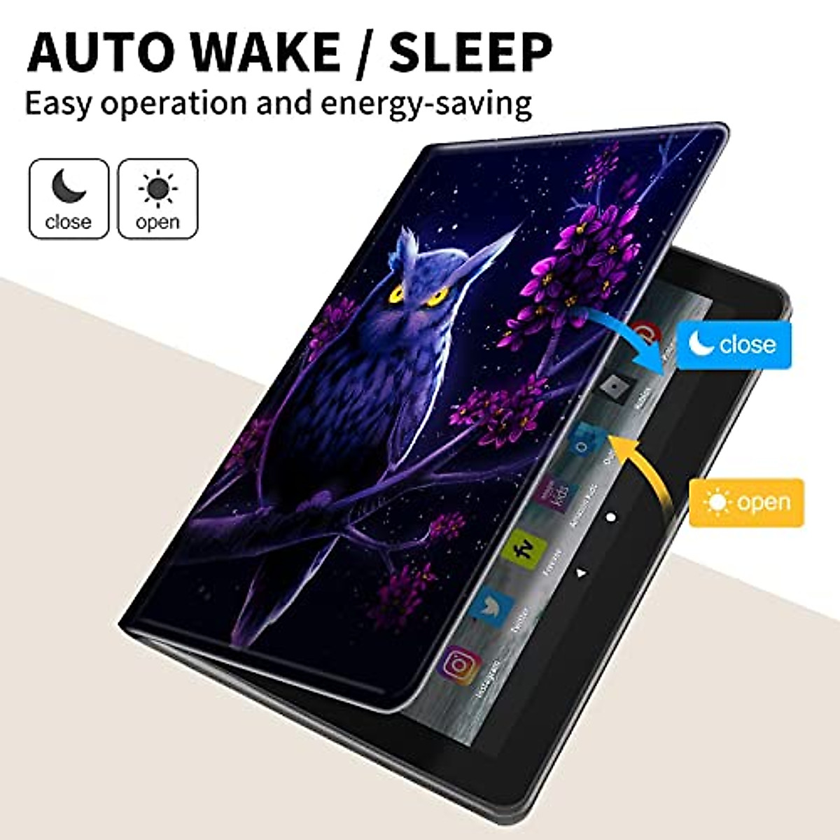 Case for Amazon Kindle Fire 7 Tablet (12th Generation 2022 Release) 360 Degree Rotating Swivel Stand PU Leather Cover with Auto Wake Sleep, Purple Owl