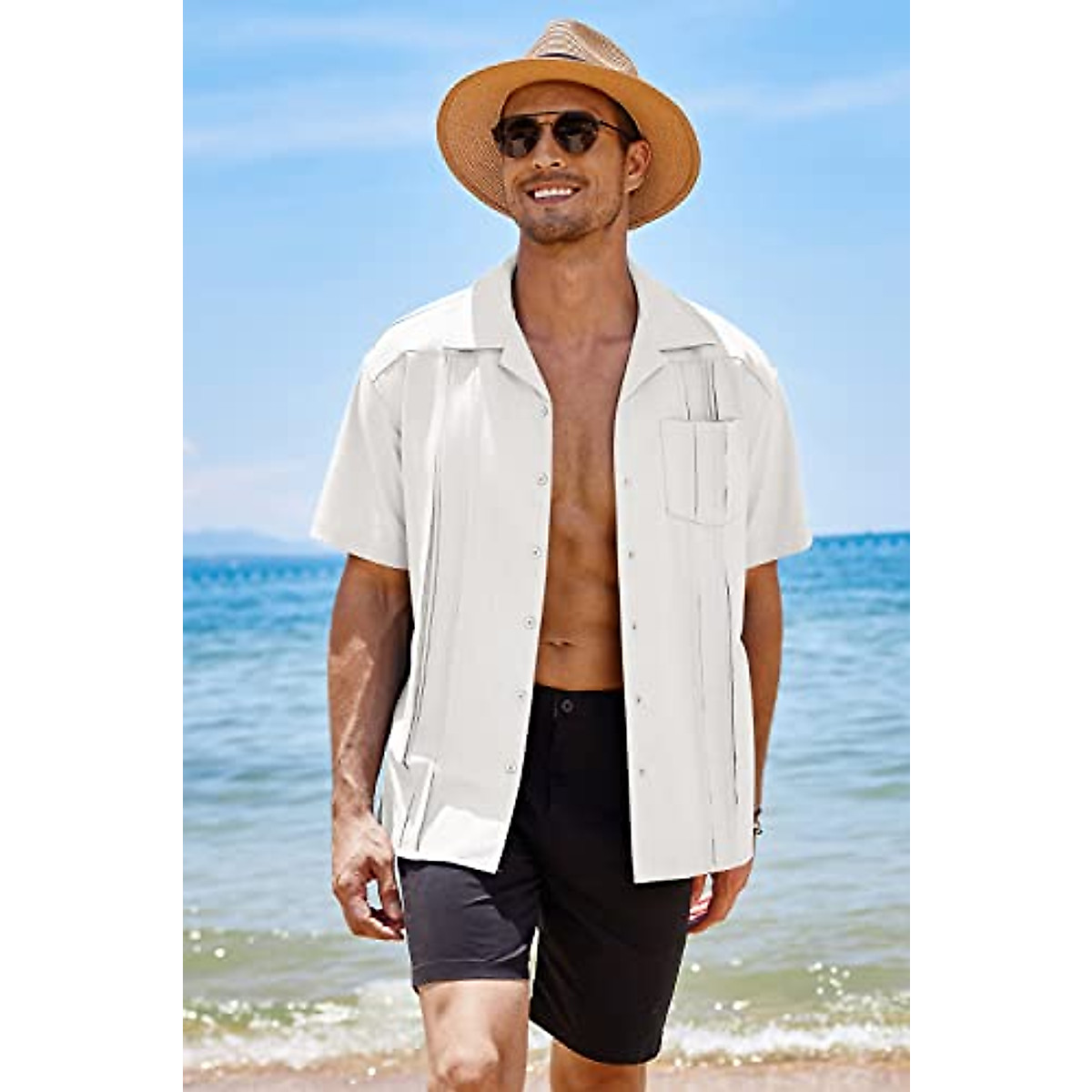 COOFANDY Men's Short Sleeve Button Down Shirts Linen Casual Shirts for Summer Beach Vacation Wear White