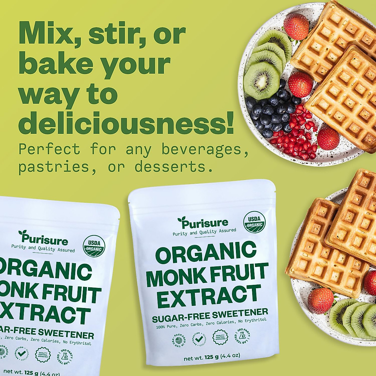 Organic Monk Fruit Sweetener, 125g (4.41oz) 400 Servings, No Fillers Pure USDA Organic Monk Fruit Extract Powder with No Aftertaste, Zero Calorie & Zero Carbs, Keto & Paleo Friendly, by Purisure