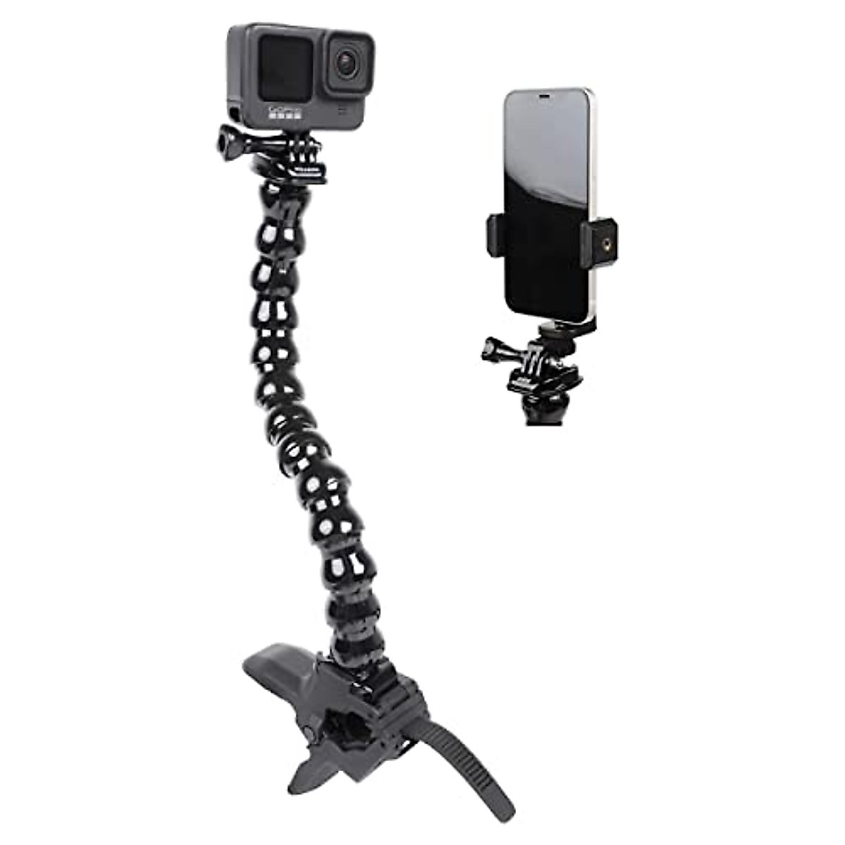 Jaws Flex Clamp Smartphone Mount with Adjustable Gooseneck（13 Sections） Compatible with iPhone Samsung,and GoPro Hero 9,8,7,6,5,4,, 3+, 2, 1, DJI Osmo Action Camera Mounts and Most Action Cameras
