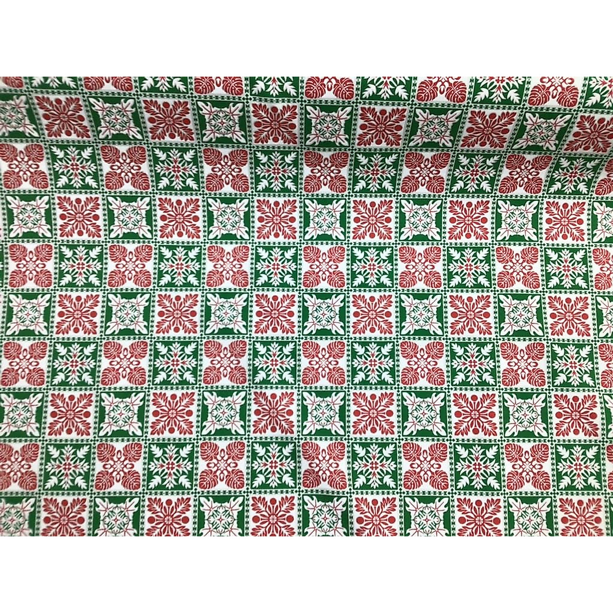 Hawaiian Quilt Design in Christmas Red & Green Small Quilt Design Hawaiian Print Fabric Sold by The Yard