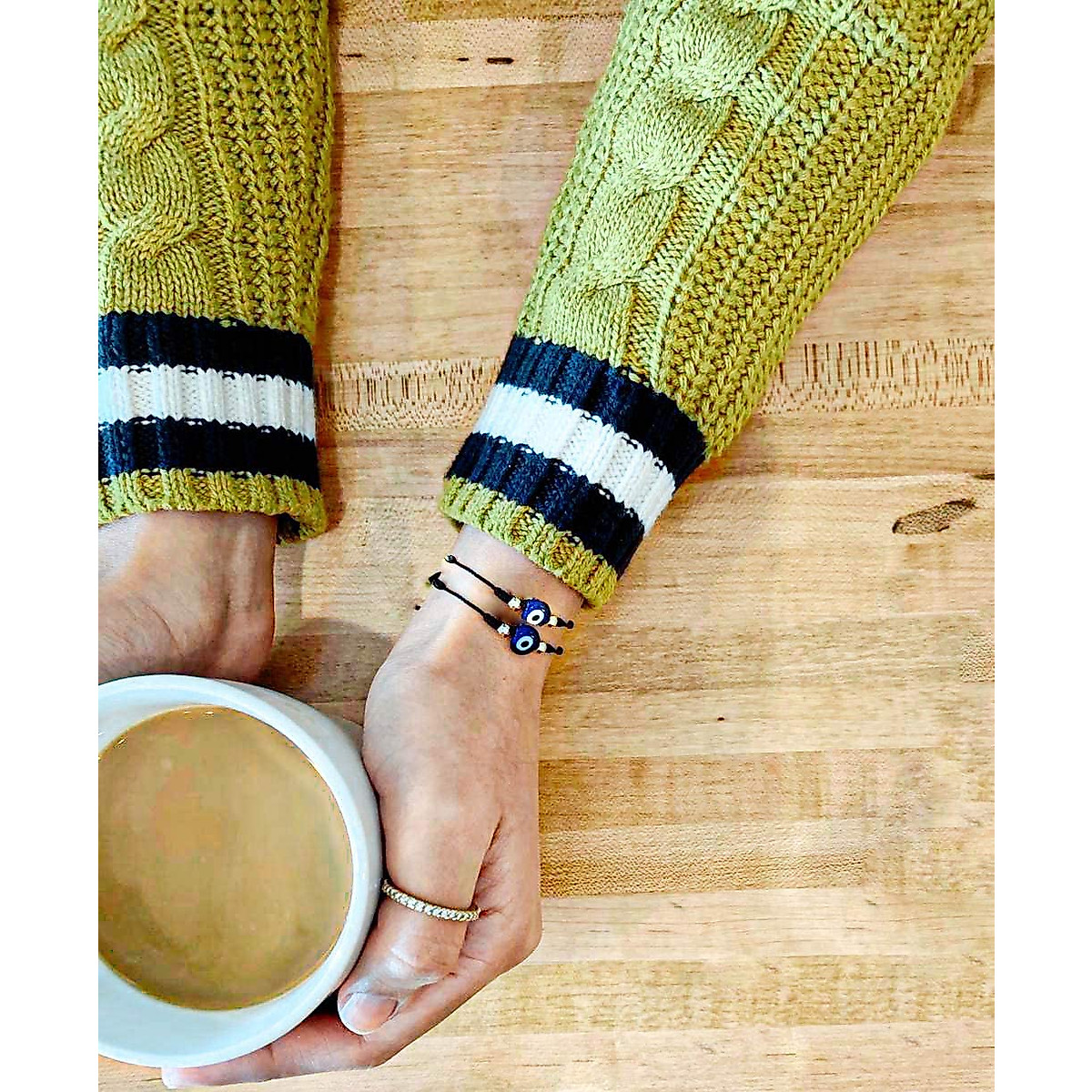 VIUJUH Evil Eye 7 Knot Bracelet with Hand Painted Evil Eye on a Hand Woven Adjustable Bracelet String Amulet for Women Men Little Boys & Girls (Black)