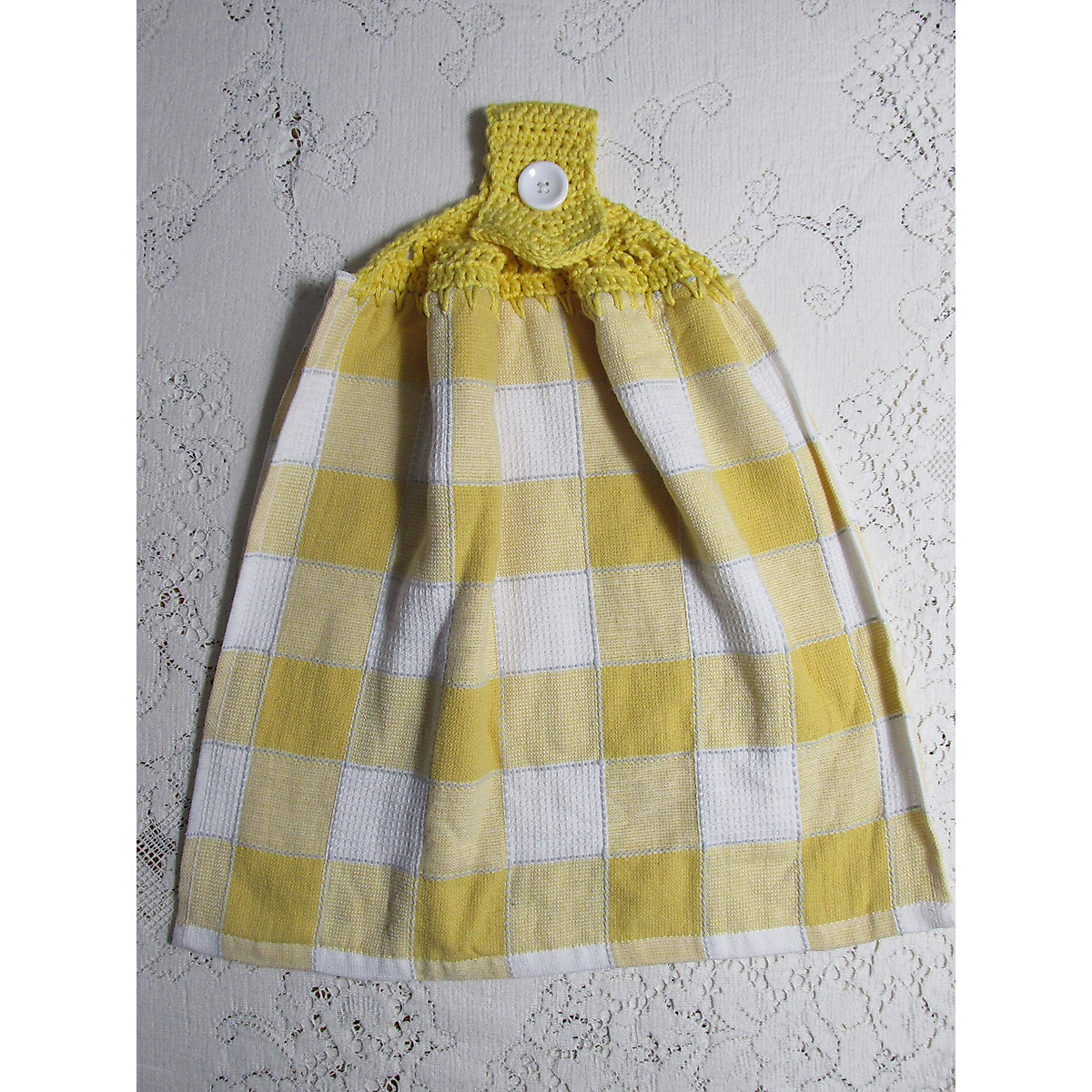 Yellow Buffalo Check Double Thickness Hanging Kitchen Towel - Yellow Cotton Crochet Top