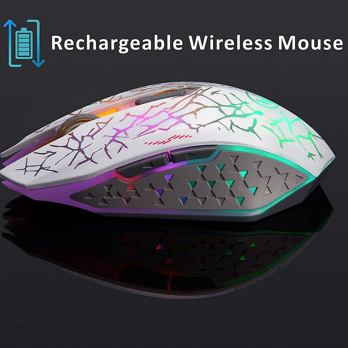 TENMOS K6 Wireless Gaming Mouse, Rechargeable Silent LED Optical Computer Mice with USB Receiver, 3 Adjustable DPI Level and 6 Buttons, Auto Sleeping Compatible Laptop/PC/Notebook (White)
