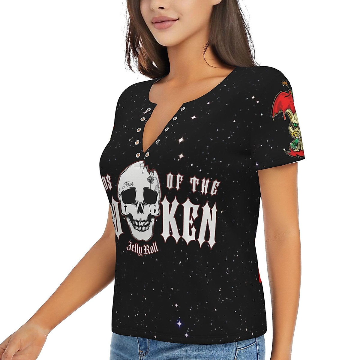 Jelly Rapper Singer Roll Womans T-Shirts Sexy Deep V-Neck Short Sleeve Basic Summer Tee Youth Funny Shirts for Sports Running Dating Walking Top Black Medium