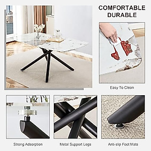 71" Modern Kitchen Rectangular Glass Dining Table, Imitation Marble Black Table top and Gold Metal Legs, Fiber Tempered Glass, Living Room Glass Table, Conference Room Glass Table (White + Black)