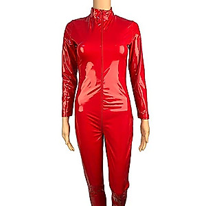 BERMEL Women's Bodysuit Shiny Patent Red PVC Leather Catsuit Full Body Sexy Latex Tight Zipper Jumpsuit Rubber Clothing (M)