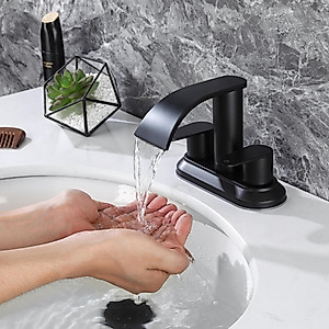 4 inch Centerset Bathroom Faucets Black Matte, Jodulos 2 Handle Waterfall Bathroom Sink Faucet with Pop Up Drain Stopper, Stainless Steel Bathroom Sink Faucet with cUPC Supply Lines JU-DE-201-BK