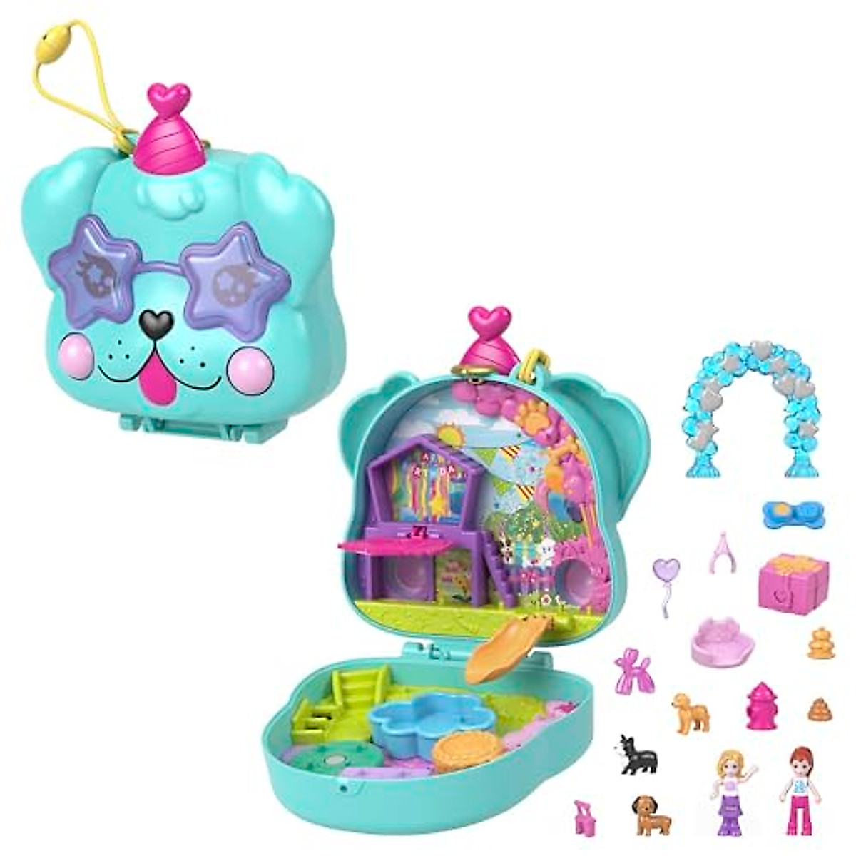 Polly Pocket Compact Playset, Doggy Birthday Bash with 2 Micro Dolls & Accessories, Travel Toy with Surprise Reveals