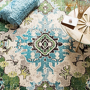 SAFAVIEH Monaco Collection Area Rug - 9' x 12', Forest Green & Light Blue, Boho Medallion Distressed Design, Non-Shedding & Easy Care, Ideal for High Traffic Areas in Living Room, Bedroom (MNC243F)