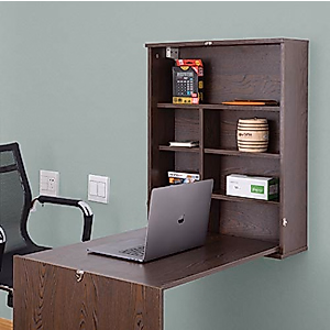 Basicwise Wall Mount Laptop Fold-Out Desk with Shelves, Brown,