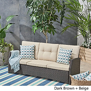 Christopher Knight Home Amigo Outdoor 3 Seater Wicker Sofa, Dark Brown with Beige Cushions