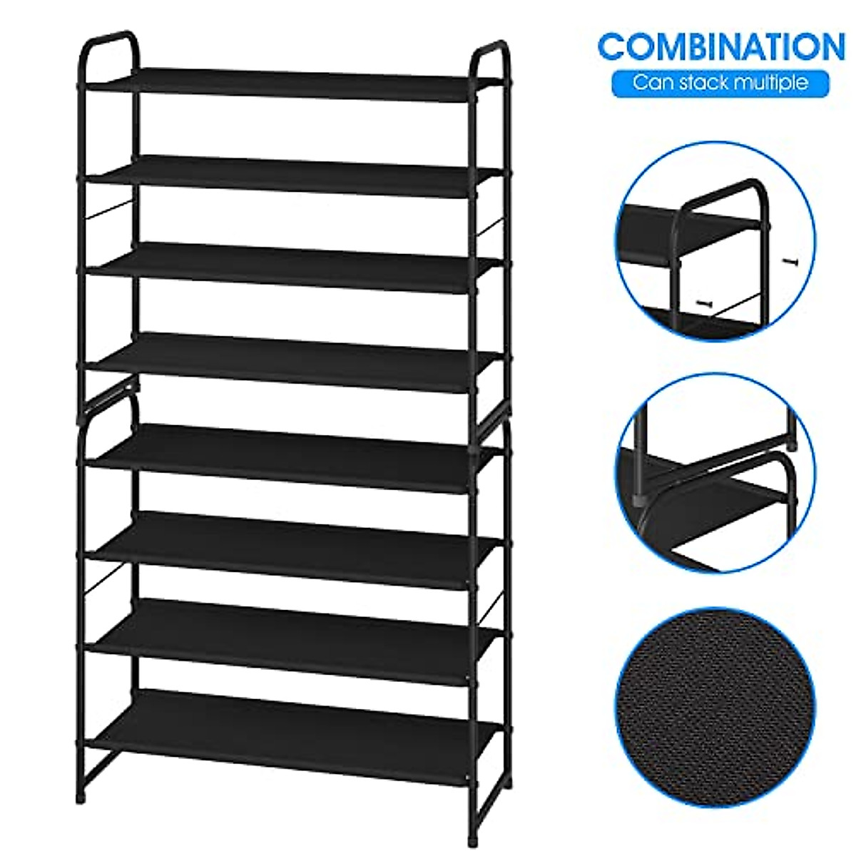 Simple Trending 4-Tier Stackable Shoe Rack, Expandable & Adjustable Fabric Shoe Shelf Storage Organizer, Black