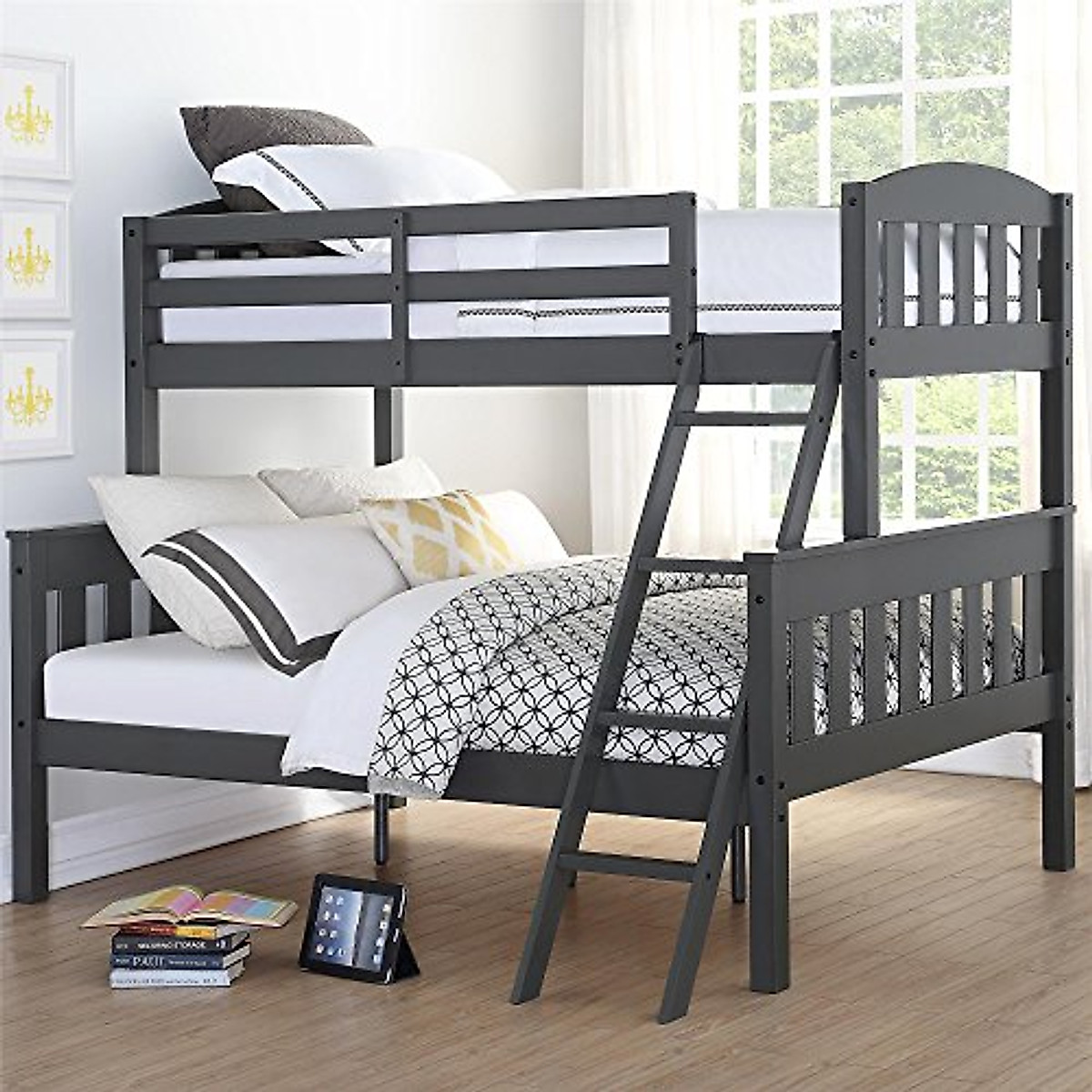 Dorel Living Airlie Solid Wood Bunk Beds Twin Over Full with Ladder and Guard Rail, Slate Gray