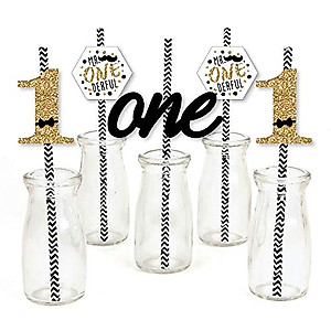 Big Dot of Happiness 1st Birthday Little Mr. Onederful - Paper Straw Decor - Boy First Birthday Party Striped Decorative Straws - Set of 24