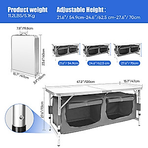 Moosinily Folding Camping Table 4 Ft Foldable Picnic Table 3 Height Adjustable Portable Camp Kitchen with Oxford Storage Outdoor White 47.2×18.5 inch
