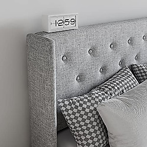 SHA CERLIN Full Size Lift Up Storage Bed/Button Tufted Wingback Headboard/Hydraulic Storage/Upholstered Platform Bed Frame/No Box Spring Needed/Wood Slats Support/Light Grey