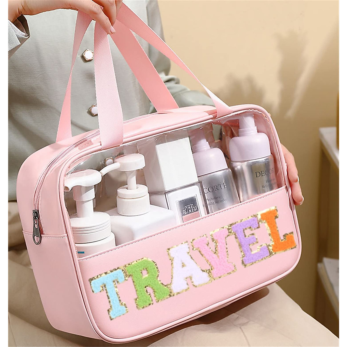 CRUOXIBB Chenille Letter Patch Clear PVC And PU leather Large Travel Makeup Toiletry Storage Bag Waterproof Makeup Tote Bag for Women (Travel-Pink)
