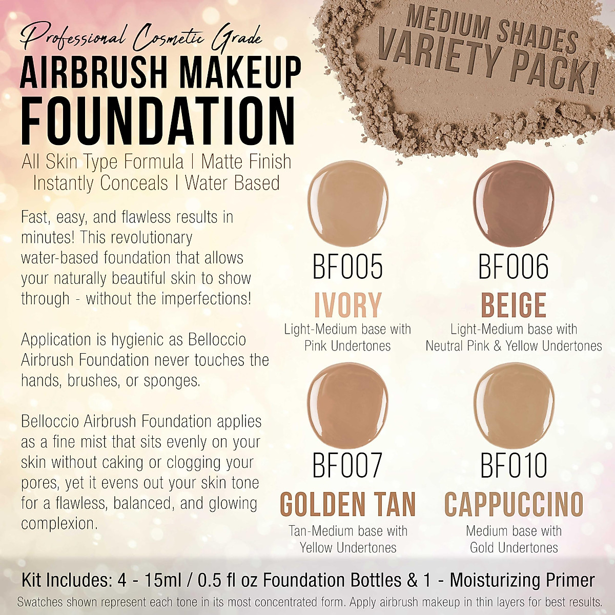 Belloccio Complete Cordless Handheld Airbrush Cosmetic Makeup System with 4 Medium Foundation Shades, Professional 18-Piece Kit, Moisturizing Primer, Blush, Bronzer, Highlighter, Concealer, User Guide