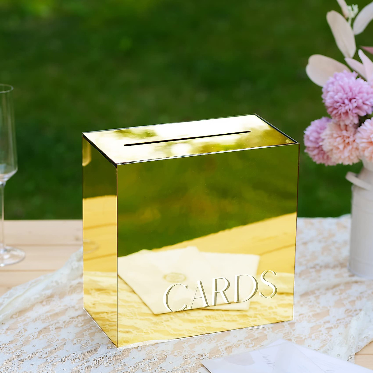 UNIQOOO Metallic Gold Mirror Acrylic Wedding Card Box with Slot, Large 10x10x5.5 inch w/White Print | Thick DIY Wedding Receptions Wishing Well Money Box, Graduation, Birthday, Memory Box