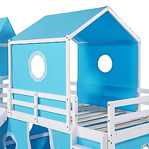 Harper & Bright Designs House Loft Bed with Slide and Tent, Twin Size Loft Bed with Small Pinnacle and Ladders, Wood Bunk Bed, Playhouse Bed Frame for Kids, Teens, Boys & Girls (Twin Size, Blue)