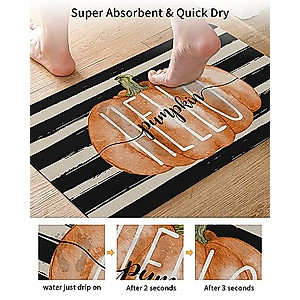 Stripes Pumpkins Bath Mat for Tub,Non Slip Bathroom Floor Runner Rug Quick Dry & Absorbent Diatomaceous Earth Kitchen Room Shower Sink Washable Doormat,Thanksgiving Fall Black White Geometry 16"x24"