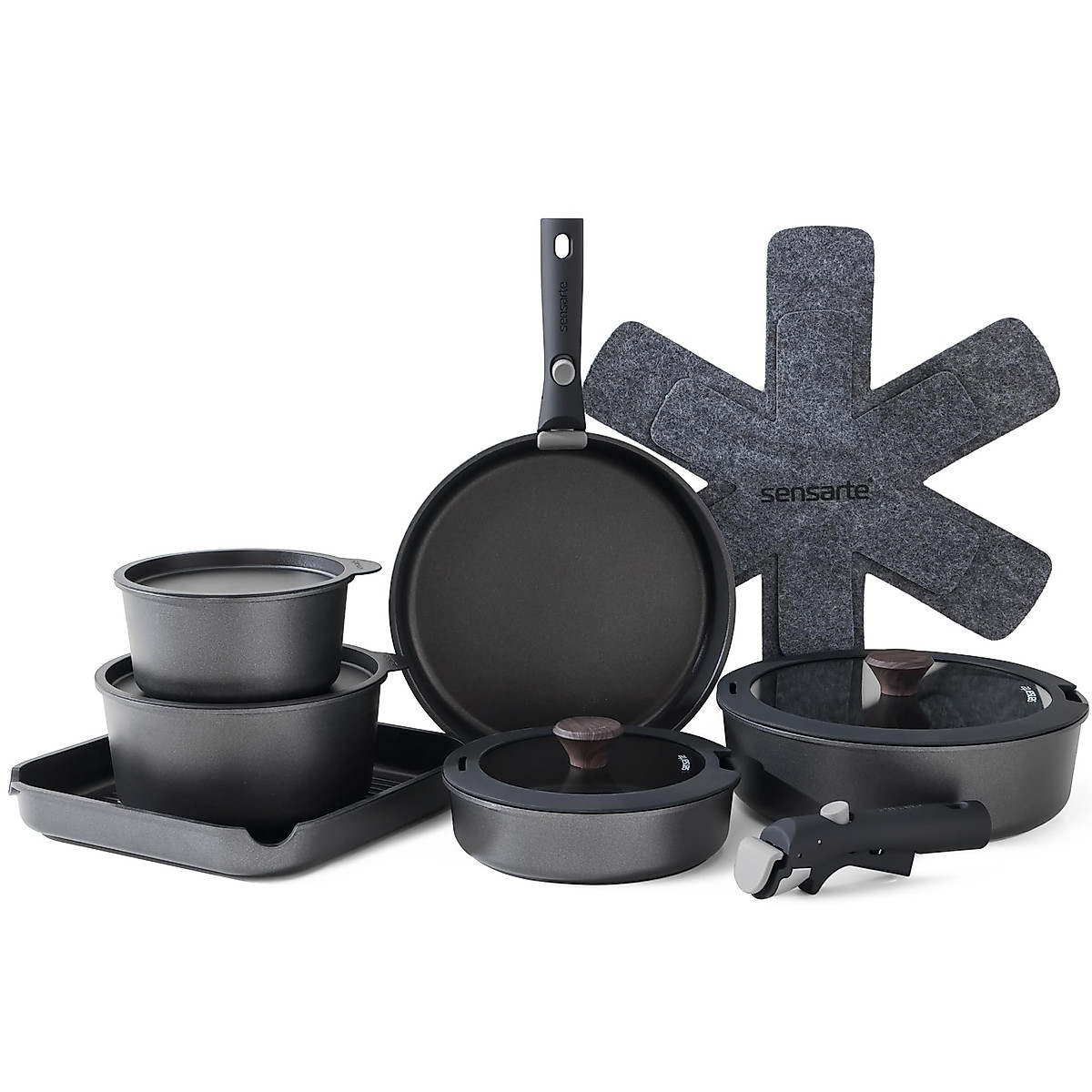 SENSARTE 17 Piece Pots and Pans Set, Nonstick Detachable Handle Cookware, Induction Kitchen Cookware Set with Removable Handle, Healthy Non Stick RV Cookware, Dishwasher ＆ Oven Safe, PFOA Free (Black)