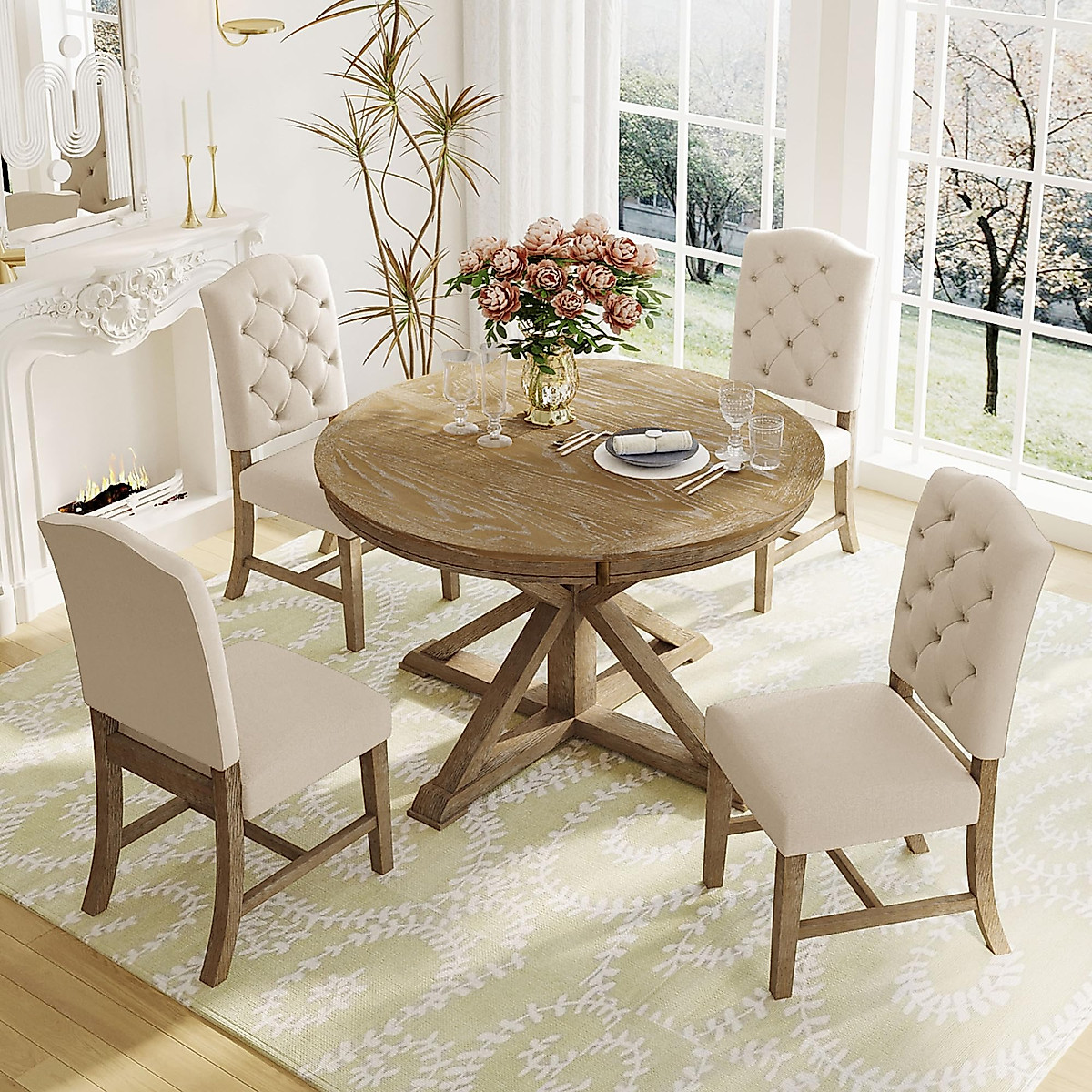 P PURLOVE 5 Pieces Round Dining Table Set for 4, Wood Extendable Table and 4 Upholstered Chairs for Dining Room and Living Room, Farmhouse Dining Set (Natural Wood Wash)