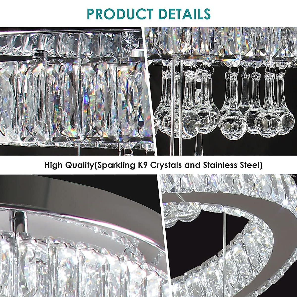 Finktonglan 19.7" Crystal Chandelier Modern LED Crystal Ceiling Light Fixture Flush Mount Ring Chandeliers for Bedroom Dining Room Living Room 6500K Cool White