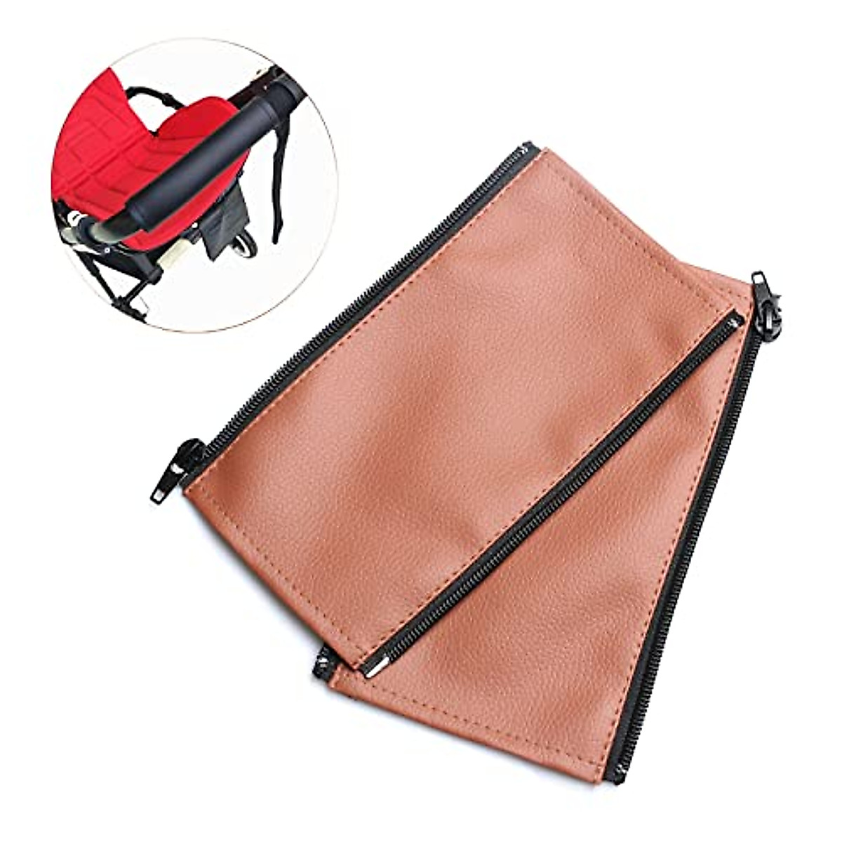 2Pcs Leather Handlebar Cover with Removable Zipper for Bugaboo Cameleon 1 2 3 Plus Pram Accessories and 2Pcs Universal Stroller Hooks for Hanging Bags and Shopping, Brown