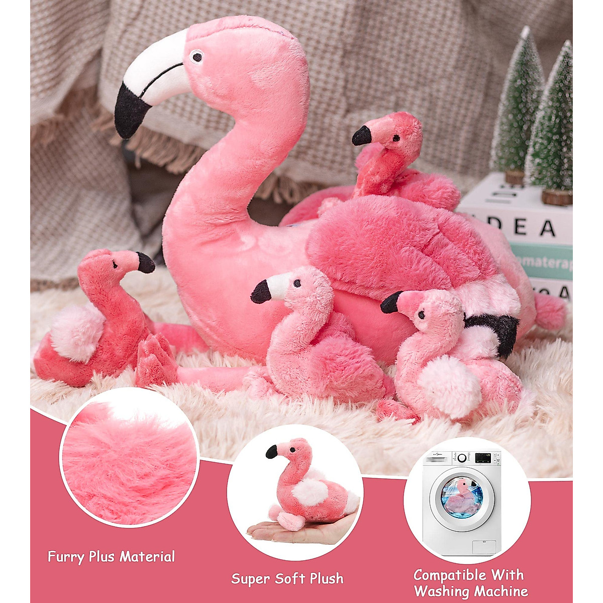 Qpewep 21Inch Flamingo Stuffed Animal Toys with 4 Babies Soft Plush Flamingo Inside Pink Plushie Machine Washable for Kids Birthday Toddlers Kids Zoo Flamingo Party Decor Easter Gift