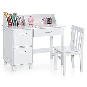 Costzon Kids Desk and Chair Set, Children Wooden School Learning Table w/Drawer & Storage Cabinets, Student Writing Computer Workstation for Bedroom & Study Room, Gift for Ages 3-8 (White)