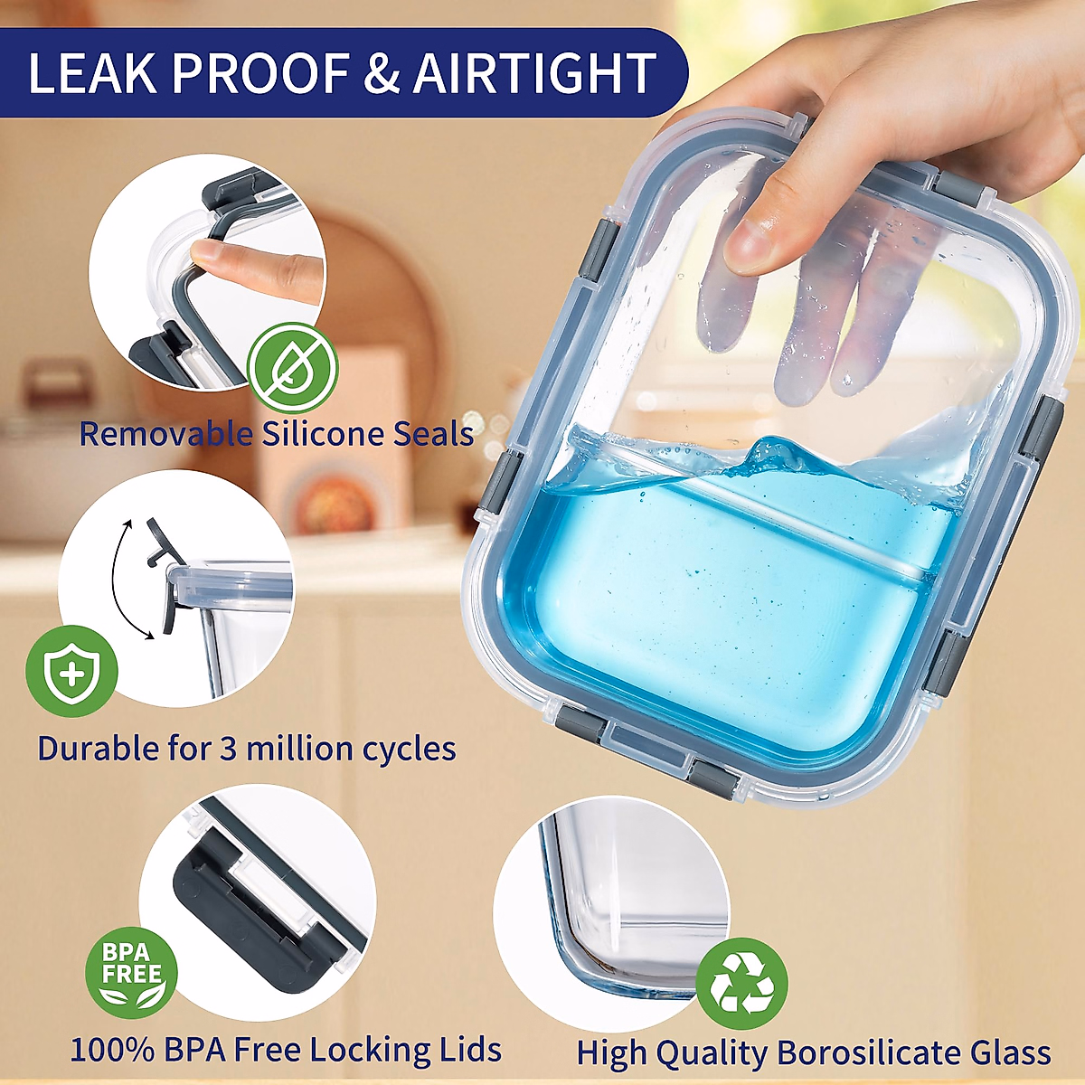 MFY 5-Pack 36 OZ Glass Storage Containers with Lids, Glass Meal Prep Containers 2 Compartment Set, Airtight Glass Lunch Containers with Lids, Microwave, Oven, Freezer and Dishwasher Safe, Gray