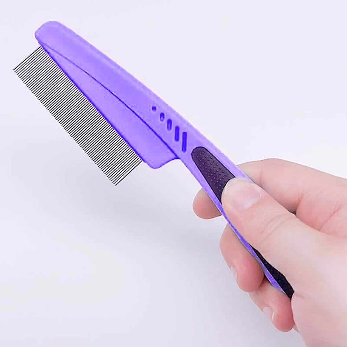 LLTGMV Flea Comb with Rubber Handle, Cat and Dog Flea Comb, Stainless Steel and Plastic, Medium, Purple