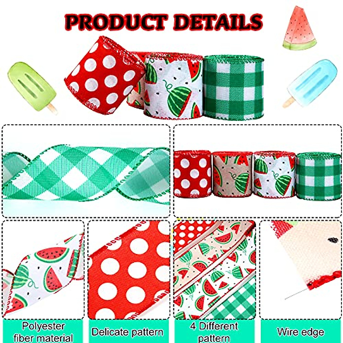 4 Rolls 20 Yards x 2.5 Inch Wired Ribbons Watermelon Printed Ribbons Check Plaid Dot Pattern Green Red Ribbons for Summer Wreaths, Wrapping, Floral Arrangements and DIY Crafting Supplies, 4 Styles