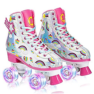 SULIFEEL Rainbow Unicorn Roller Skates for Girls Light up Wheels Womens Quad Skates with High Top Reflective TPU Leather Rainbow