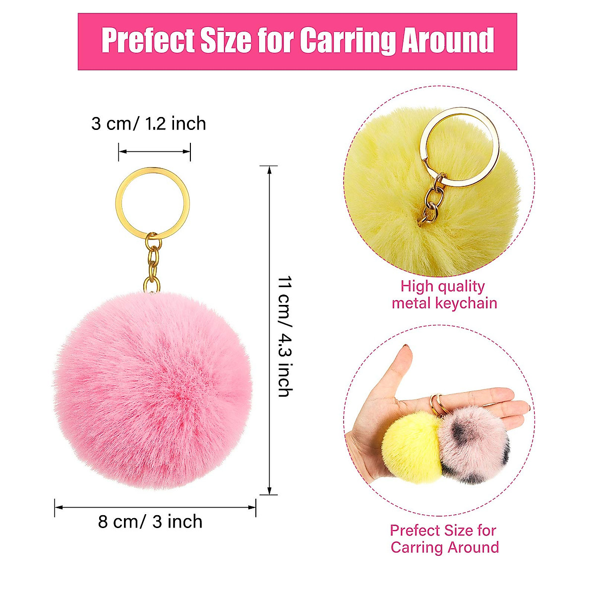 Hicarer 60 Pieces Colorful Poms Keychains Fluffy Ball Faux Fur Keyring for Women (3 Inch)