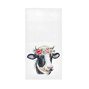 ZOEO Farmhouse Hand Towel Cow Flower Wreath Fingertip Face Towels Cotton Soft Absorbent Luxury Kitchen Dish Cloth Washcloths 30 x 15 Inch for Bathroom Guest Gym Hotel Spa Yoga Sport Home Decor