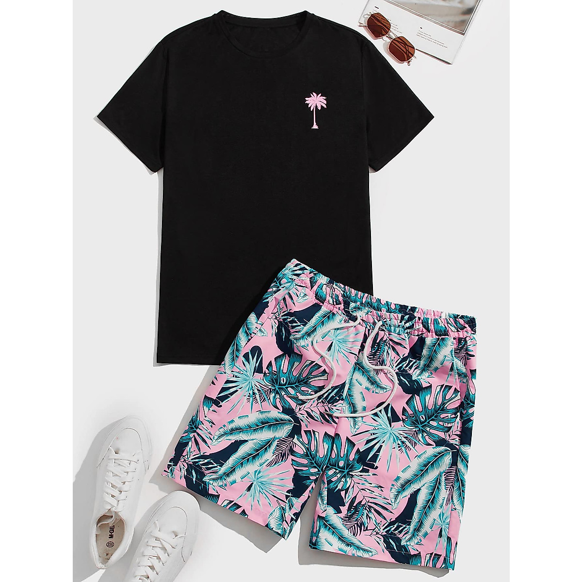 GORGLITTER Men's Tropical Short Set Summer Crewneck Short Sleeve T Shirt and Shorts Sets 2 Pieces Outfit Black Large