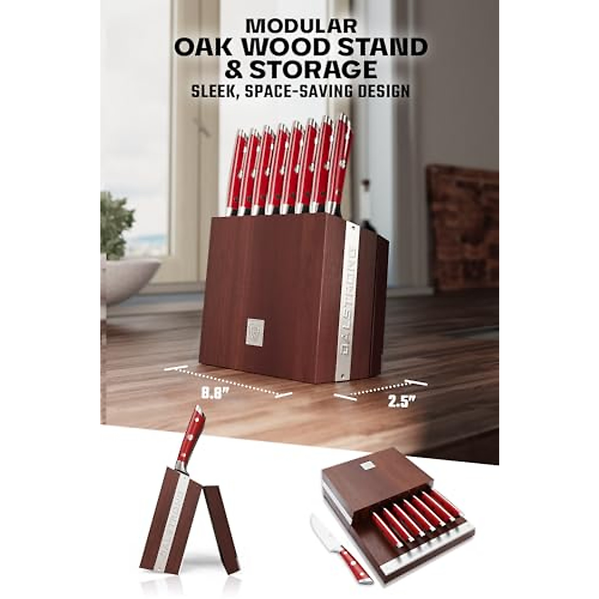 DALSTRONG Steak Knife Set - 8 Piece - 5 inch Straight Edge Blade - Gladiator Series Elite - Forged High-Carbon German Steel Dinner Kitchen Knife - Red ABS Handle - Folding Block Set - NSF Certified