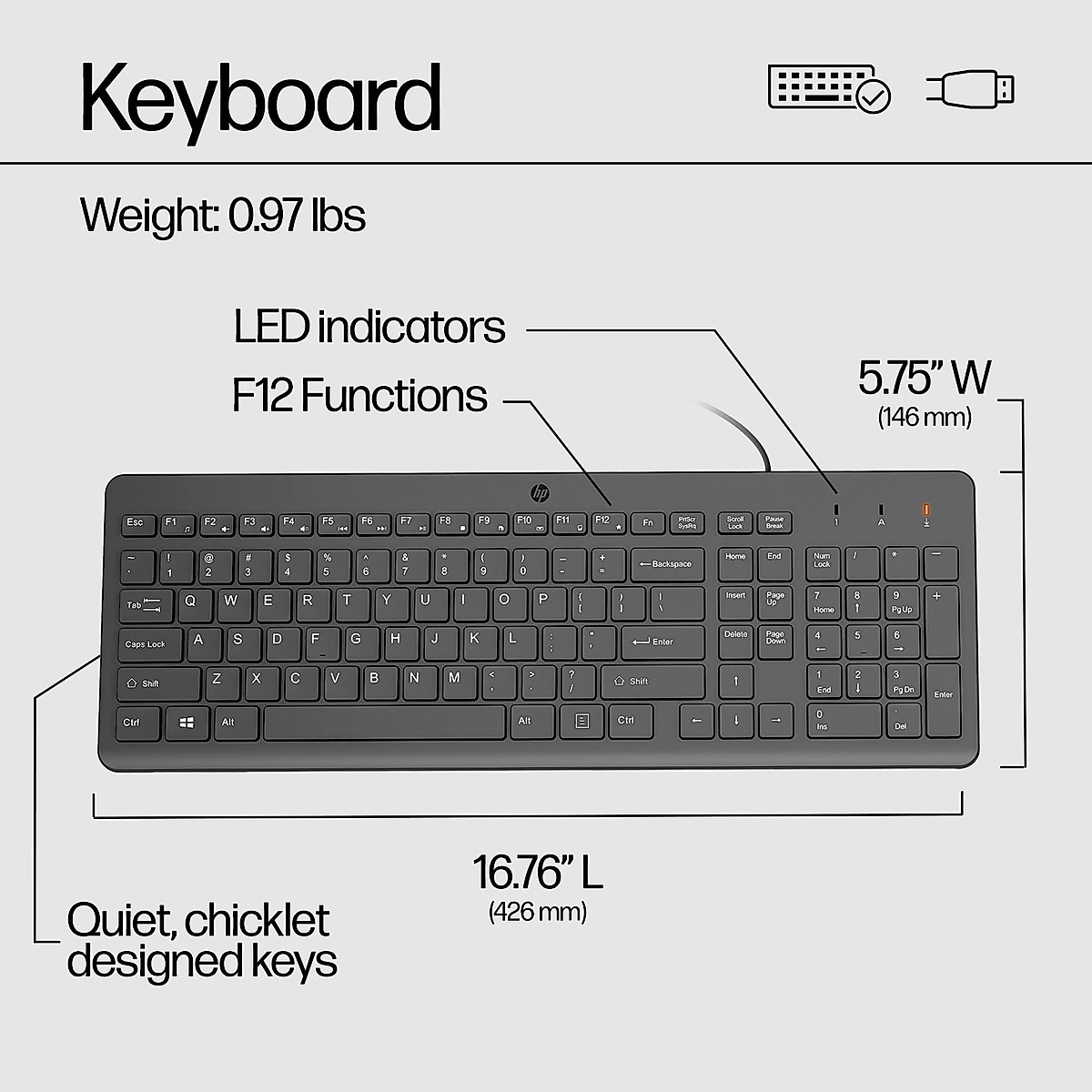 HP 150 Wired Keyboard with Numeric Keypad - Silent-Touch Chiclet Keyboard - Ergonomic, Comfortable - USB Plug-and-Connectivity, LED Indicators (664R5AA, Black)