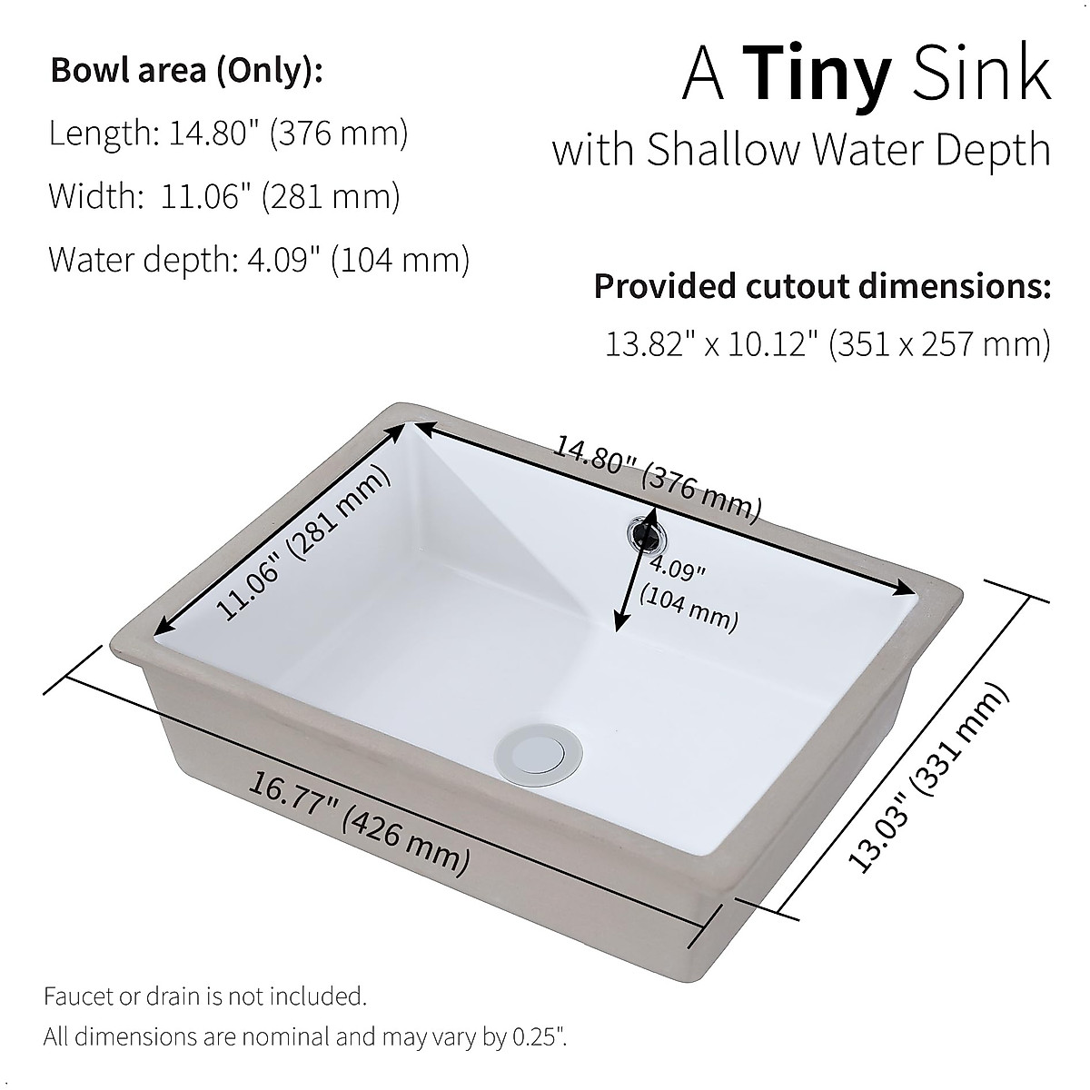 AMASHEN 16.8" Rectangular Undermount Bathroom Sink, Small Vitreous China Vanity Sink with Overflow, White