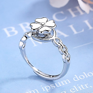 Lucky Four Leaf Clover Fidget Anxiety Ring Sterling Silver Plated Spinner Rotate Freely Stress Relief Adjustable Open Rings Love Heart Shaped Leaves Dainty Stackable Finger Bands Eternity Jewelry