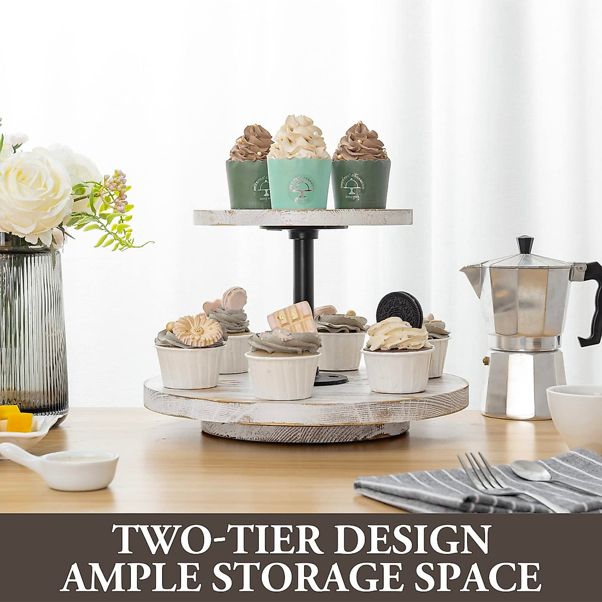 MyGift 2 Tier Lazy Susan Dessert Display Stand - Shabby White Washed Solid Wood and Industrial Matte Black Metal Pipe 360 Degree Rotating Cupcake Riser Tray