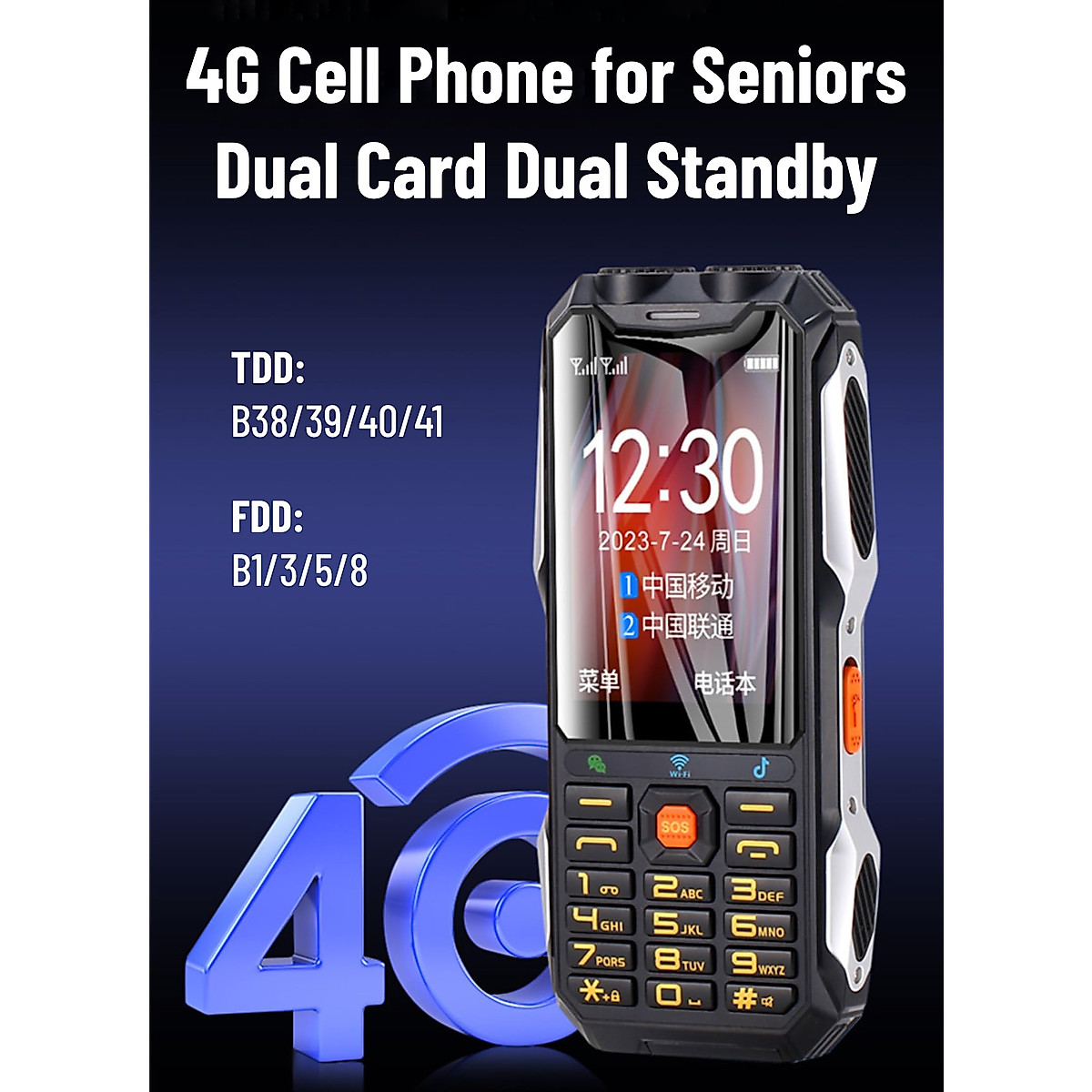 Rugged Senior Cellphone, 4G Large Mobile Phone for Elderly, 4in, 18000mAh Battery, Sound Quick Dial Phone for Android 7.0, Dual LED Lights (Black)