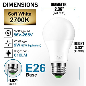 HEKEE Dusk to Dawn Sensor Light Bulbs LED A19 810 Lumens, Outdoor Porch Lights, 60 Watt Equivalent, Warm White 2700K Soft White Security Bulb(Auto on/off), E26 Screw Base(4 Pack)